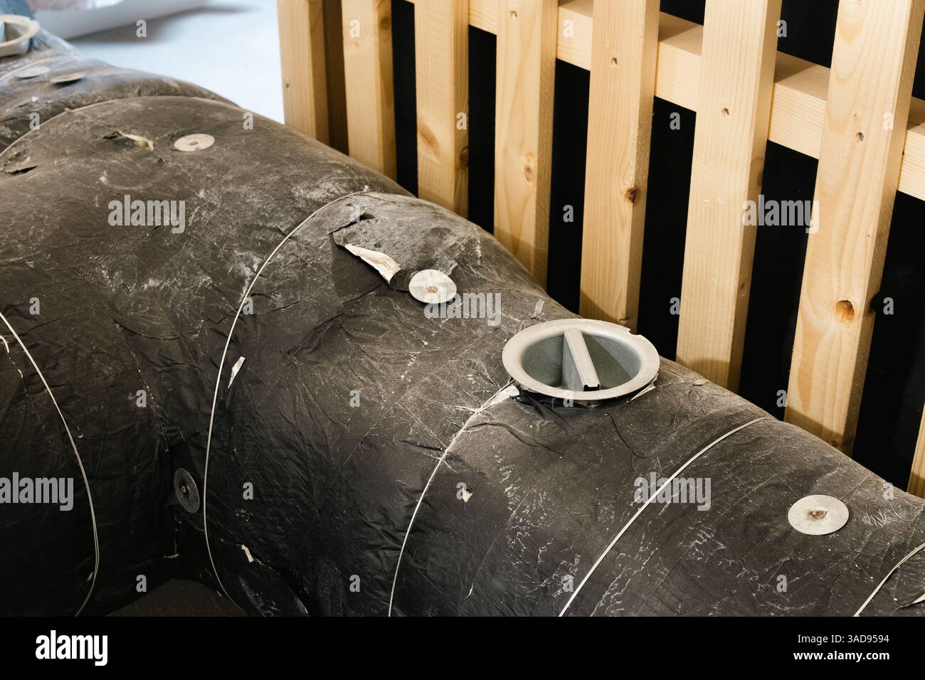 Exhaust duct or ventilation duct in attic of building. Close up. HVAC ...