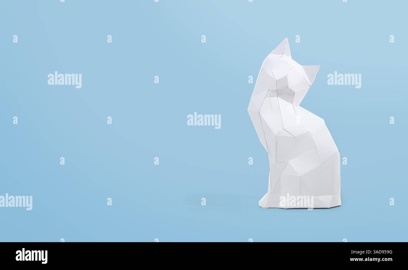 Origami Paper cat on colored background. White kitty cat made of folded ...