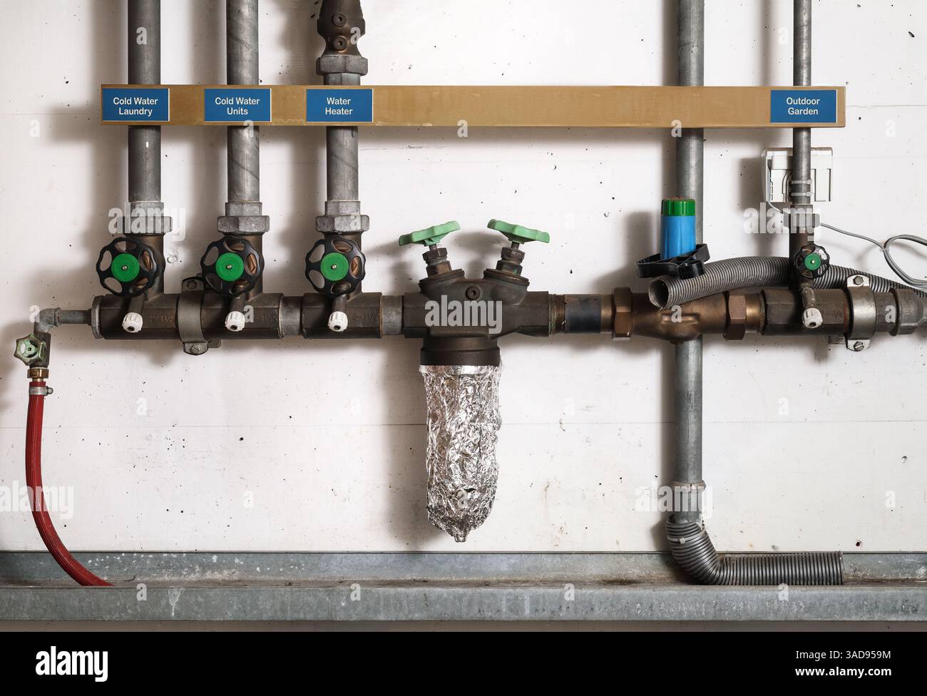 Group of backwater valve or backflow shut off valve in service room of ...