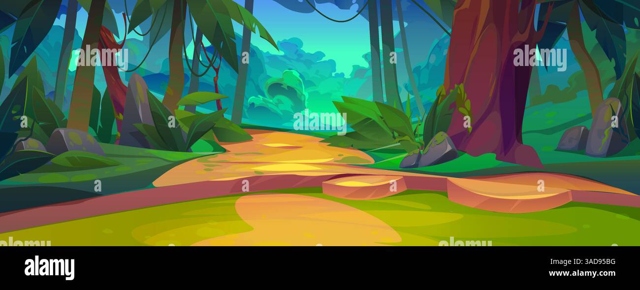 Tropical Jungle Path - Lush Green Forest with Trees, Rocks, and Dense ...