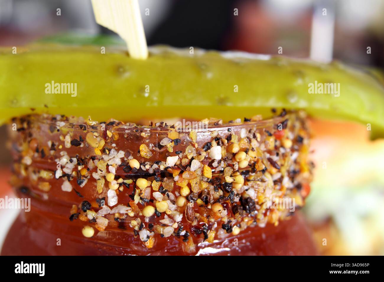 Caesar cocktail close up. Bloody Mary with spices and pickle in mason ...