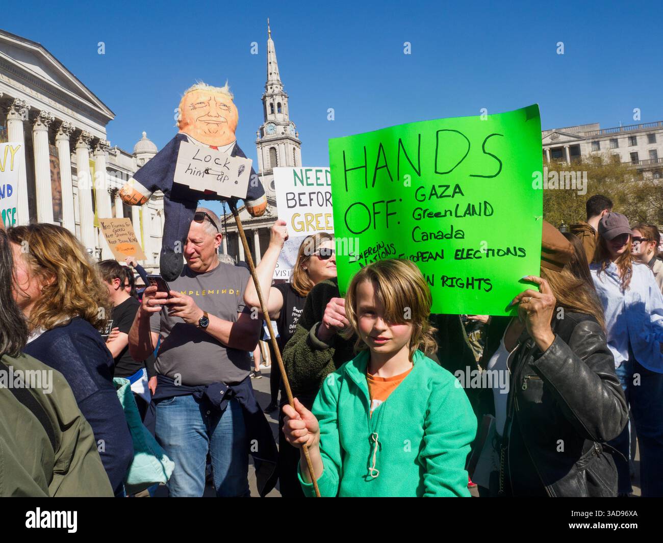 London, UK. 5 April 2025. A rally in Trafalgar Square joins in the mass ...