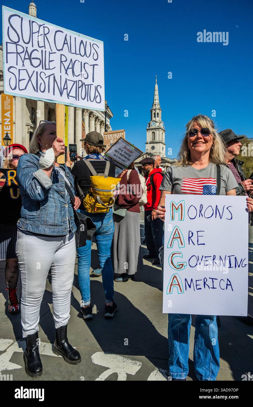 London, UK. 5th Apr, 2025. Signs are many and varied, including Morons ...