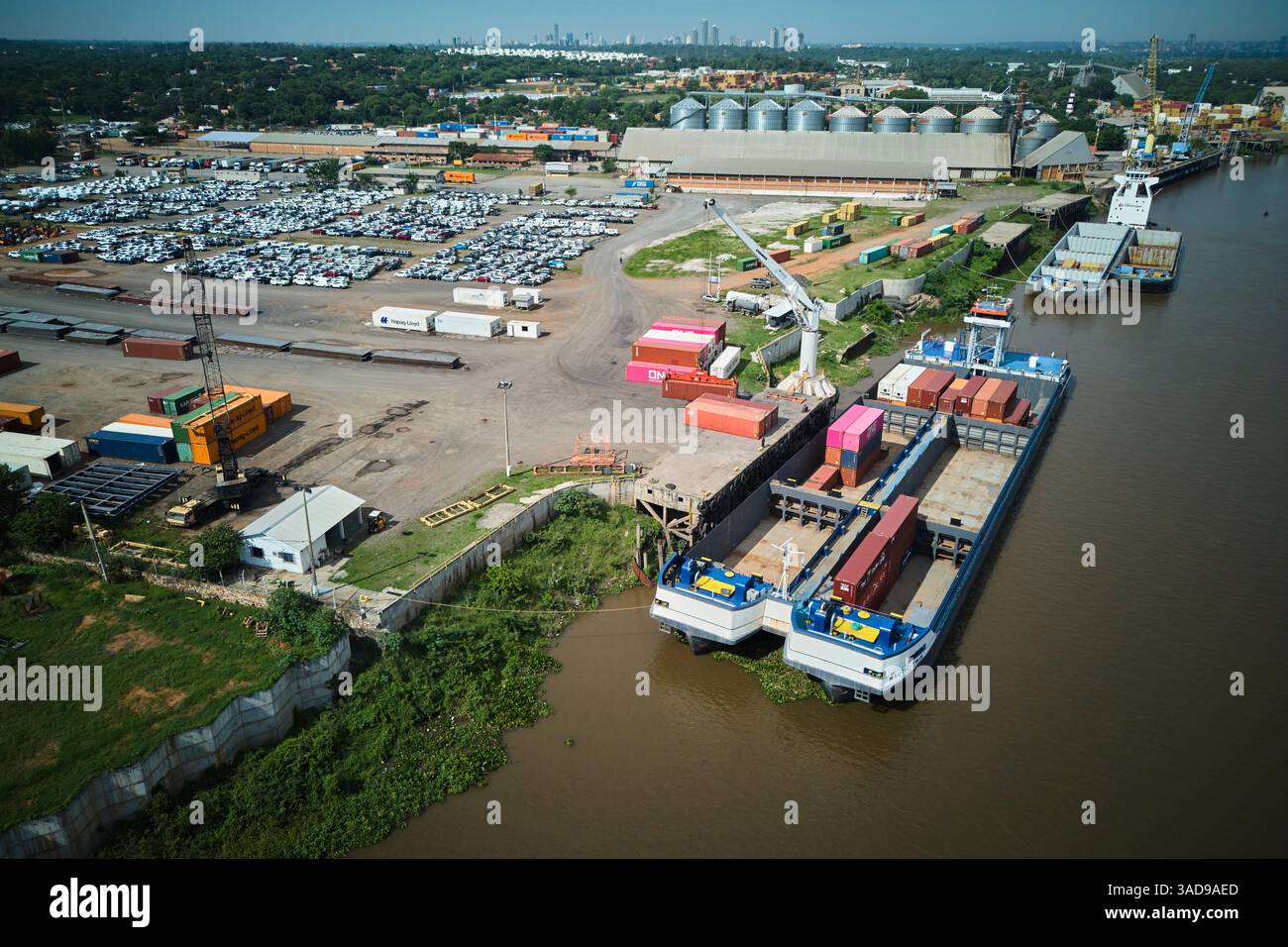 An aerial view of the Caacupe-mi port along the Paraguay River in ...