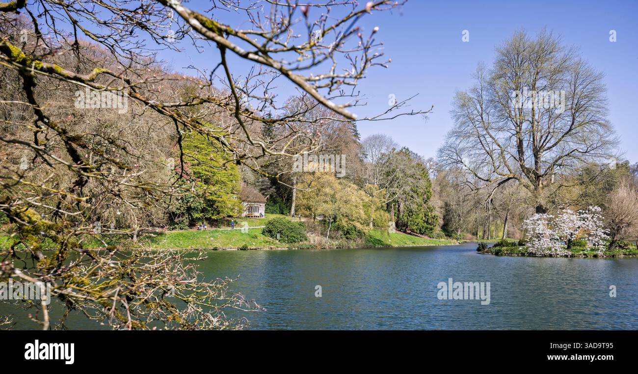 View of Stourhead lake and footpath looking acroos towards the Gothic ...