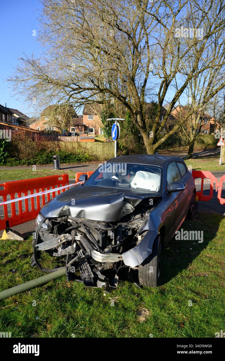 A crashed BMW car with front-end damage, Woodbury Road, Basingstoke ...
