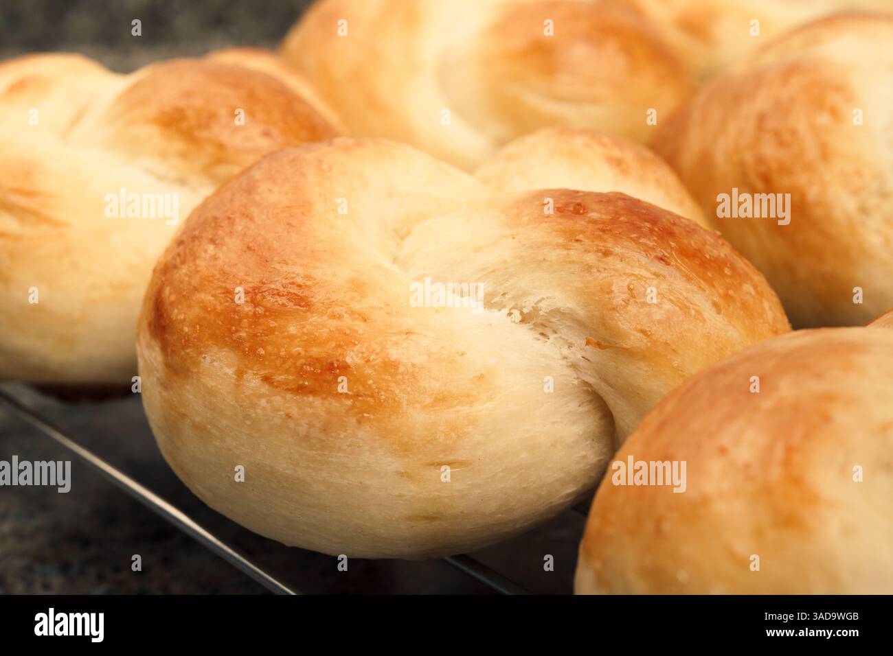 Bread buns on cooling rack. Close up. Baked yeast bread knots in a row ...