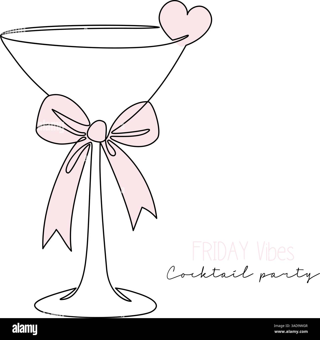 Romance Glass Cocktail with Pink Ribbon Bow and Heart in One Continuous ...