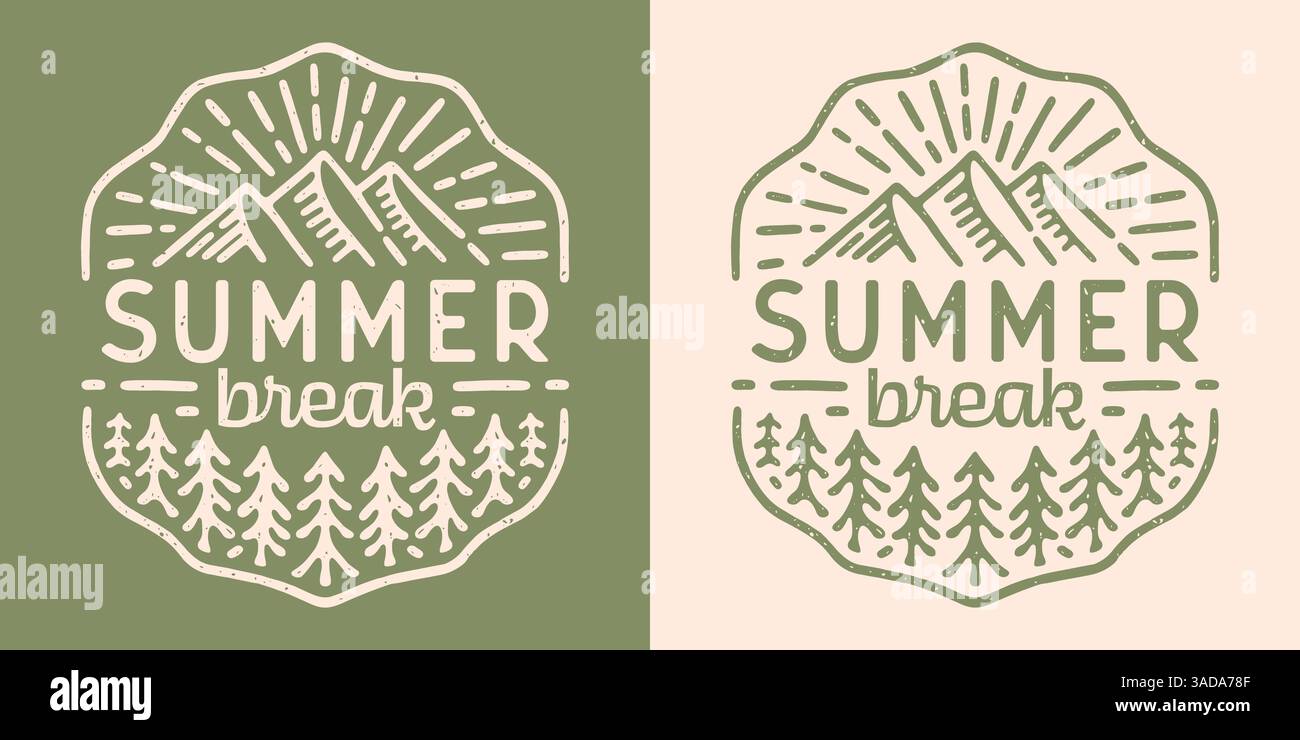 Summer break lettering badge camping hiking mountain forest landscape ...