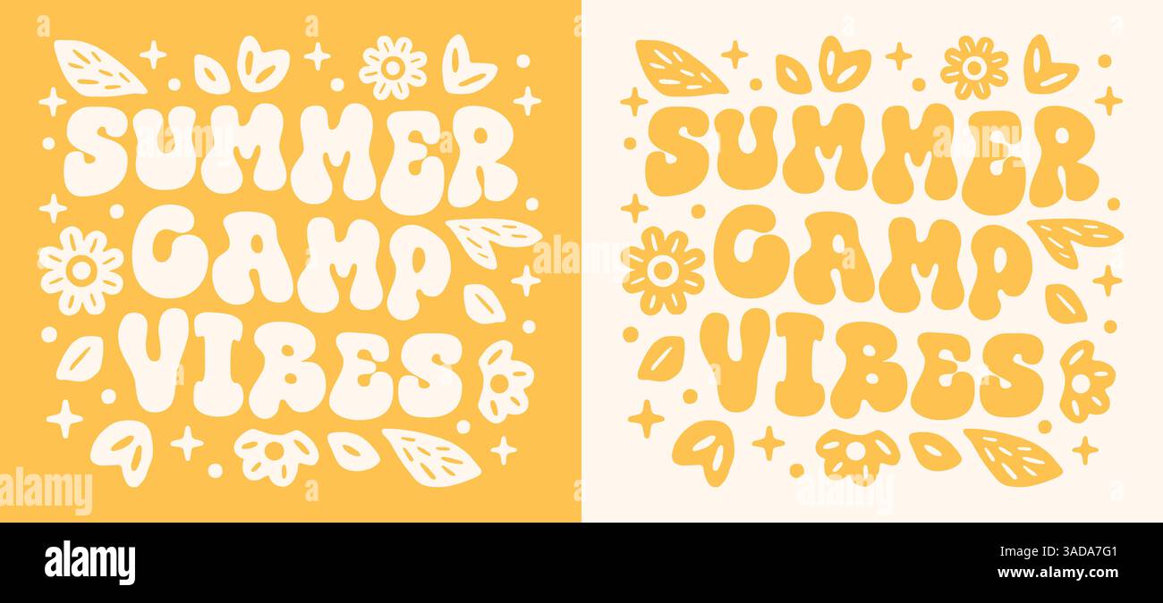 Summer camp vibes groovy lettering camper badge camping floral yellow ...