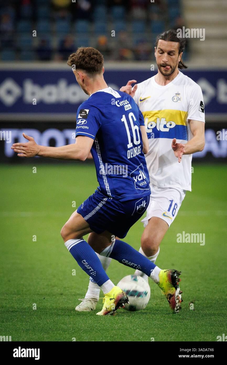 Gent, Belgium. 05th Apr, 2025. Union's Christian Burgess and Gent's ...