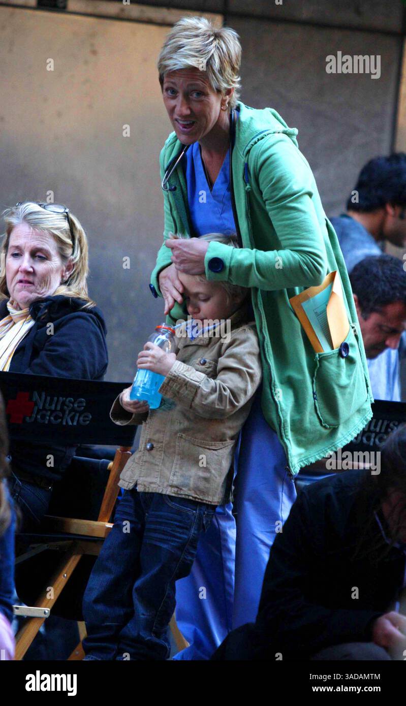 EDIE FALCO and son ANDERSON.on the set of''Nurse Jackie'' on E.25st ...