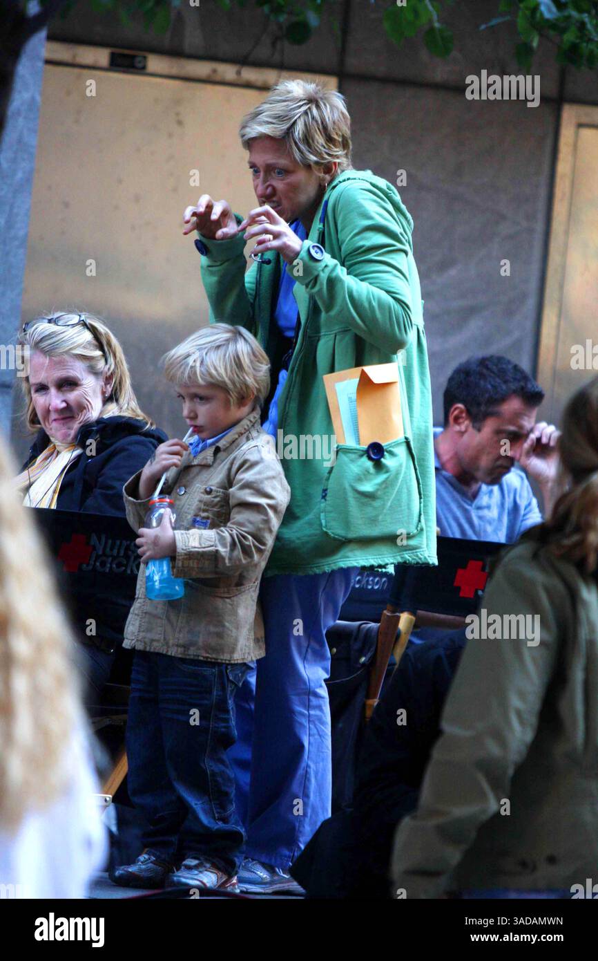 EDIE FALCO and son ANDERSON.on the set of''Nurse Jackie'' on E.25st ...