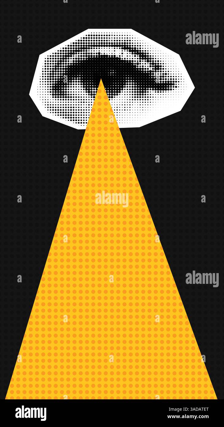 A surreal halftone-style eye shining a bold yellow spotlight, creating ...