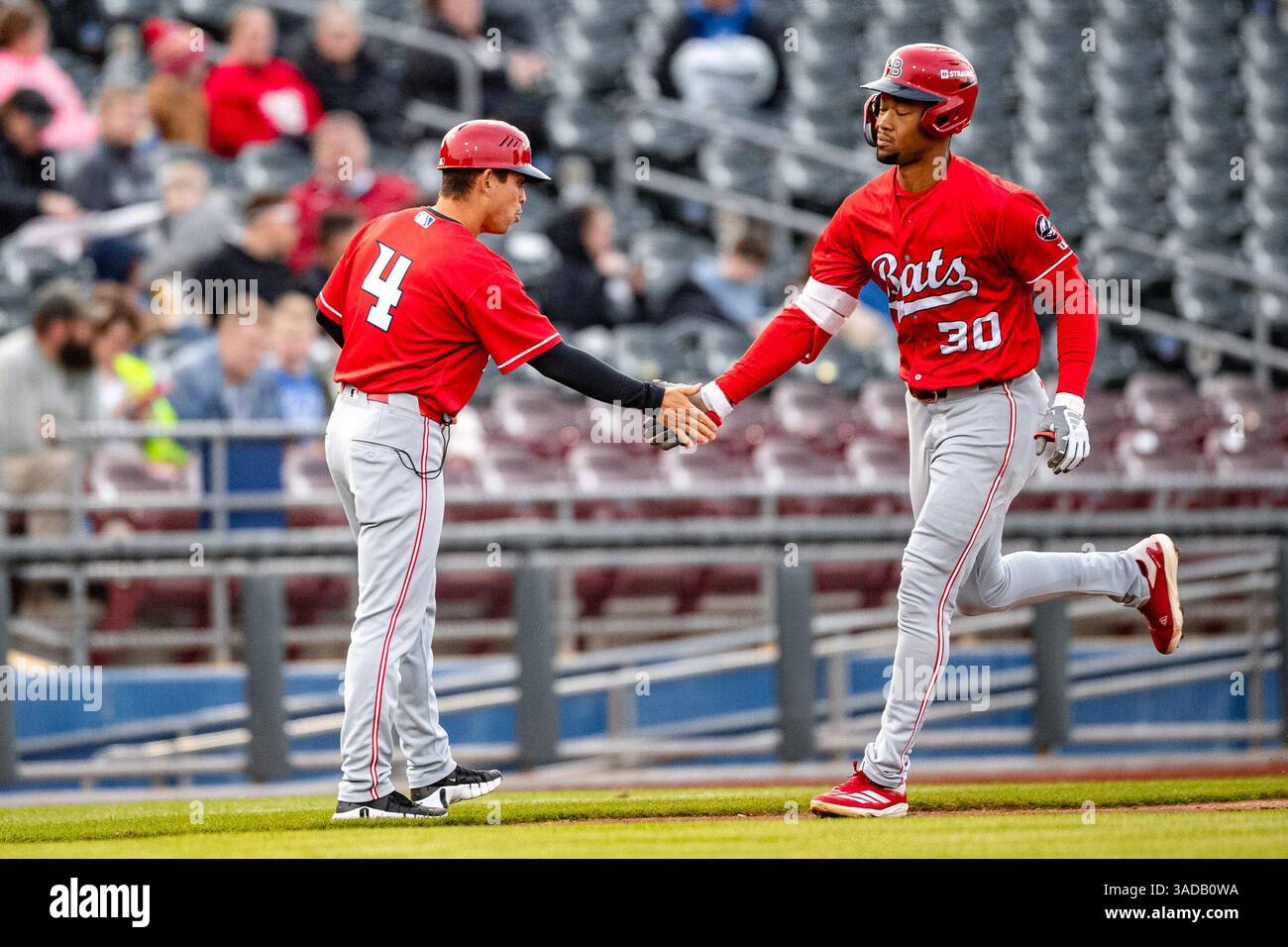 Omaha, NE U.S. 03rd Apr, 2025. Louisville Bats Will Benson (30) shakes ...
