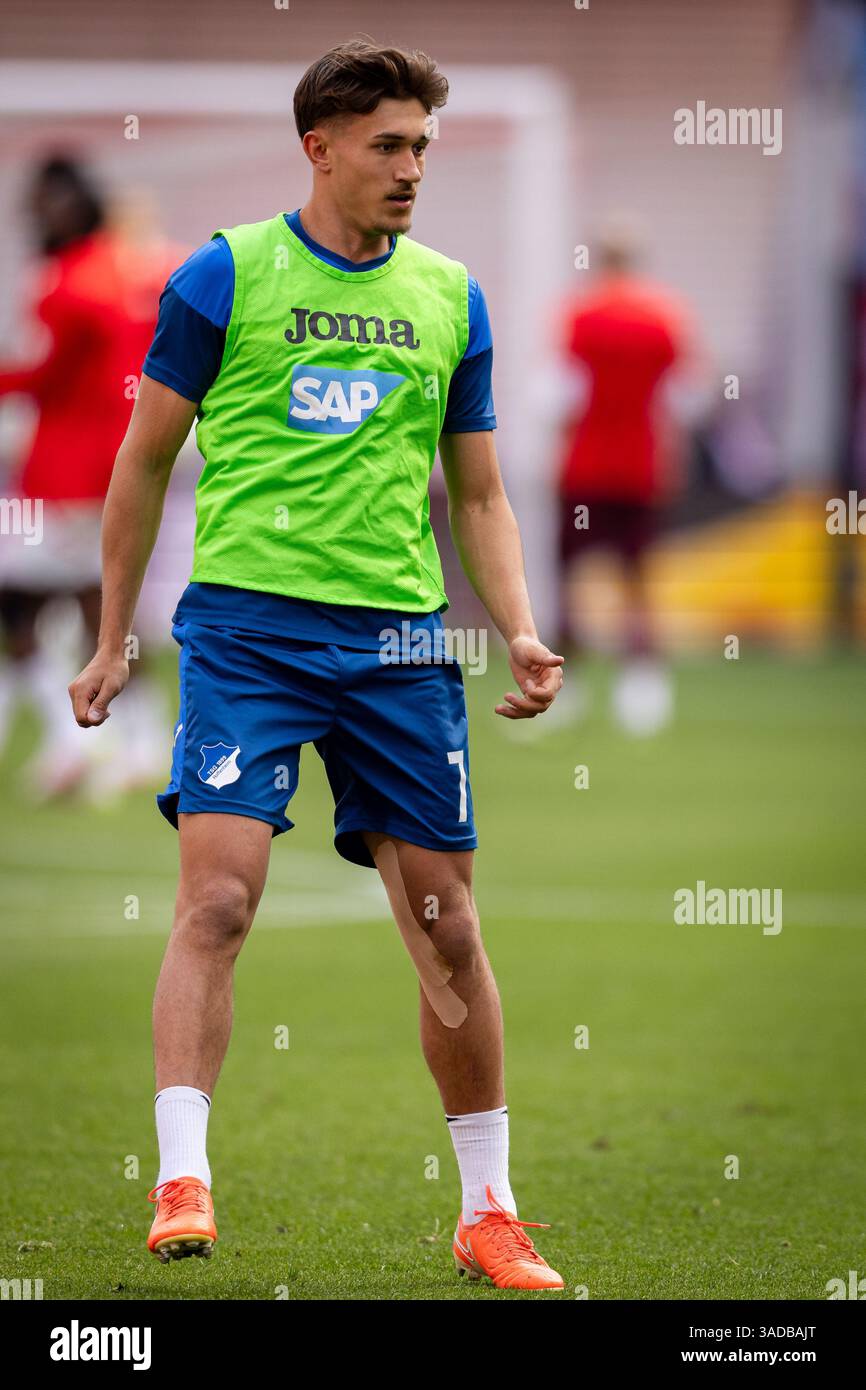 Leipzig, Germany. 05th Apr, 2025. Tom Bischof (7) of Hoffenheim is ...
