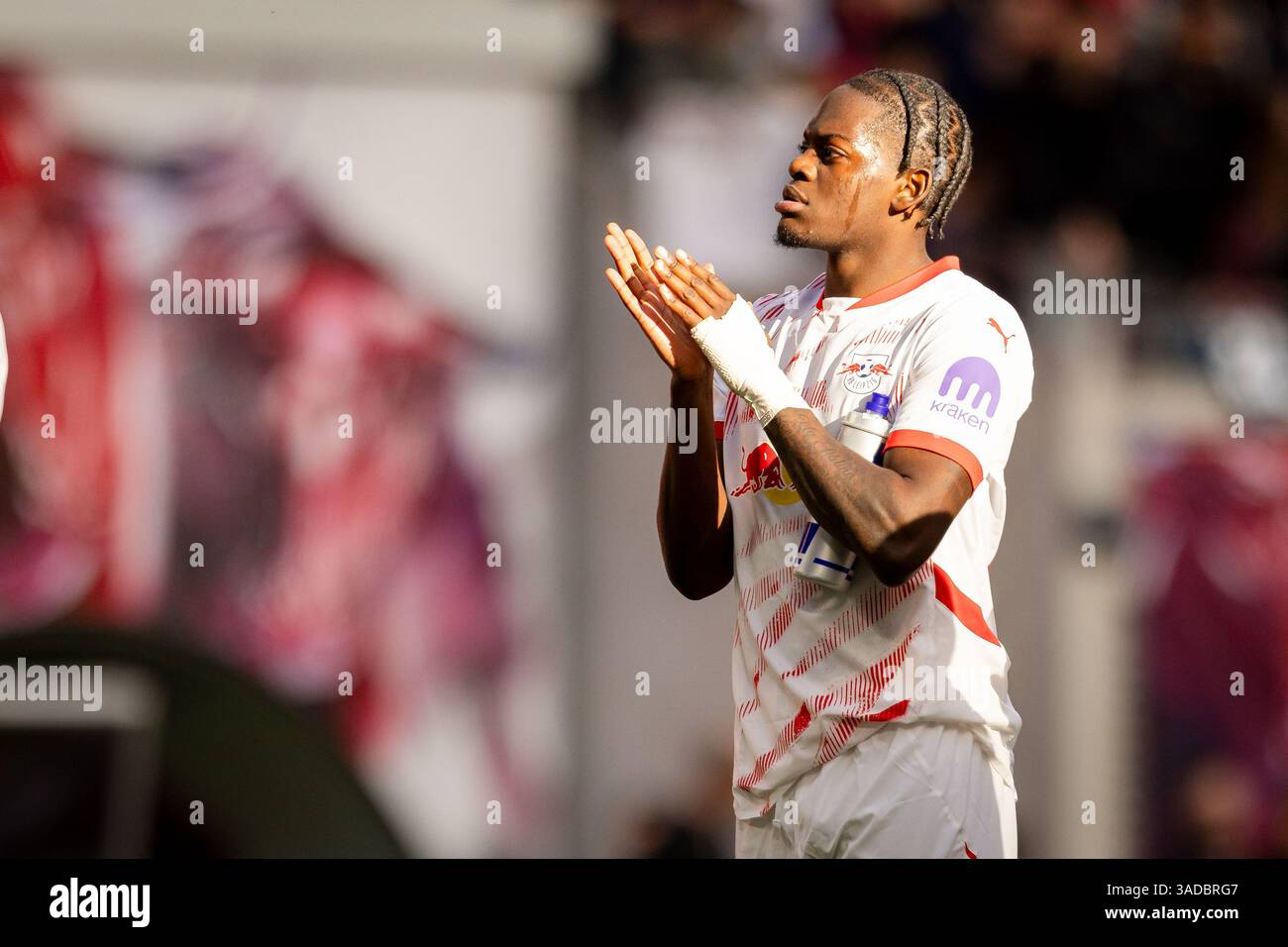 Leipzig, Germany. 05th Apr, 2025. Castello Lukeba of RB Leipzig seen ...