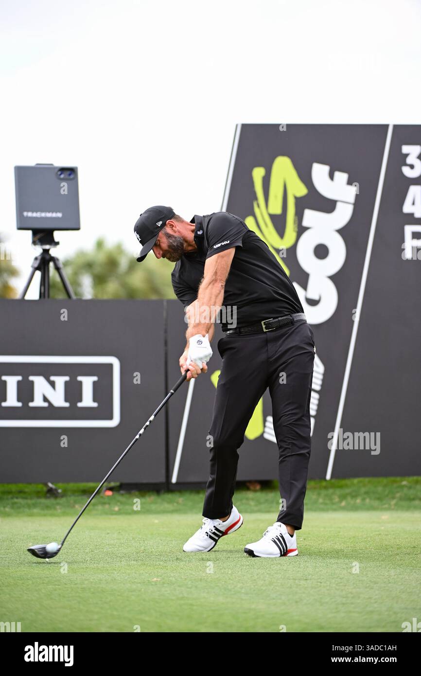 Dustin Johnson, Captain of the 4Aces GC tees off during Day 2 of the ...