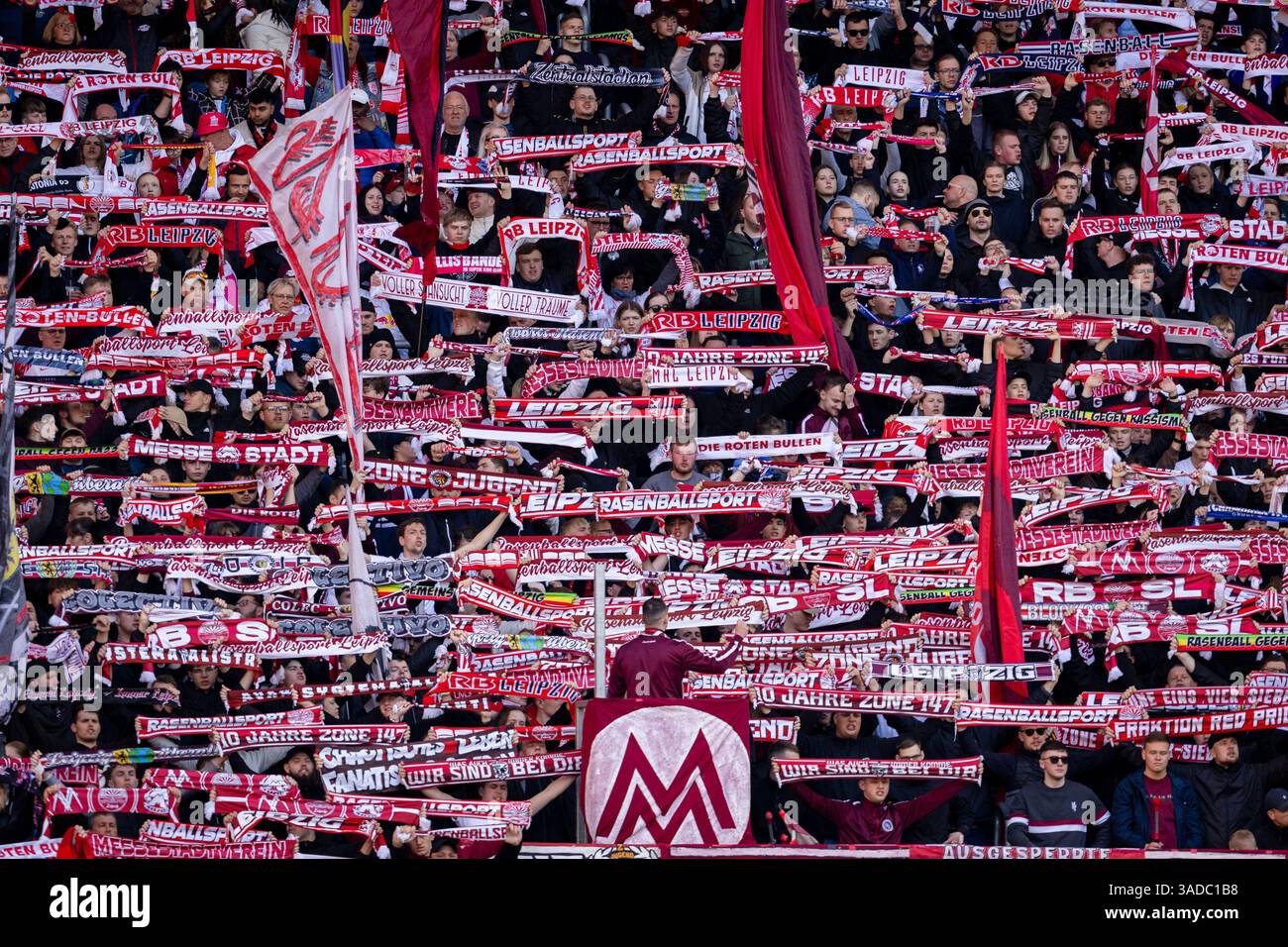 Leipzig, Germany. 05th Apr, 2025. Football fans of RB Leipzig seen on ...
