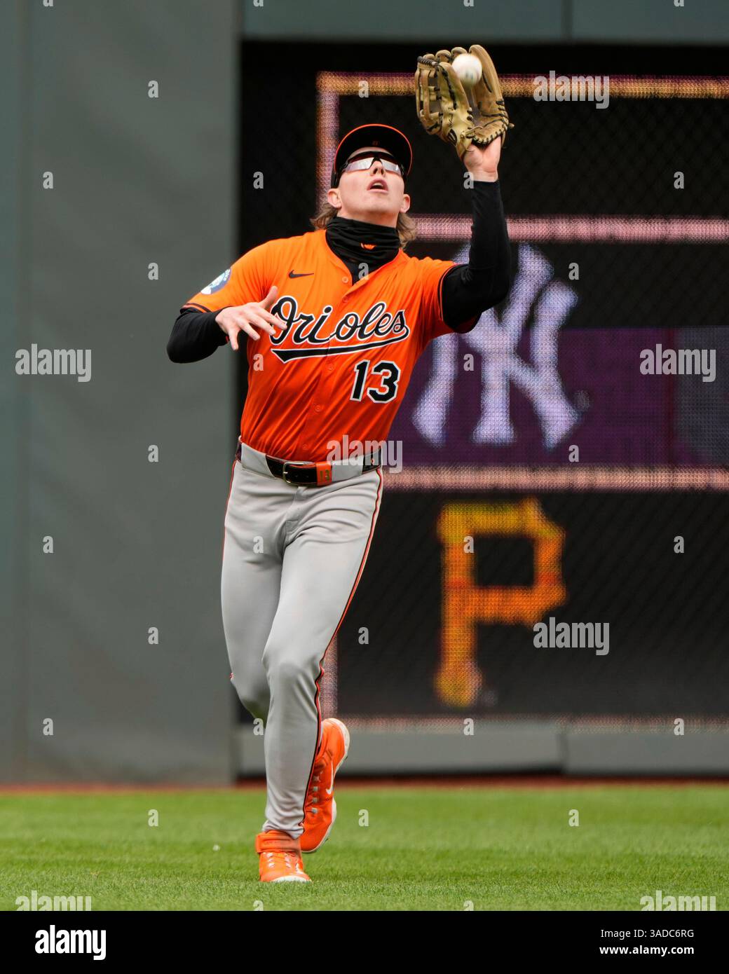 Baltimore Orioles left fielder Heston Kjerstad catches a fly ball for ...