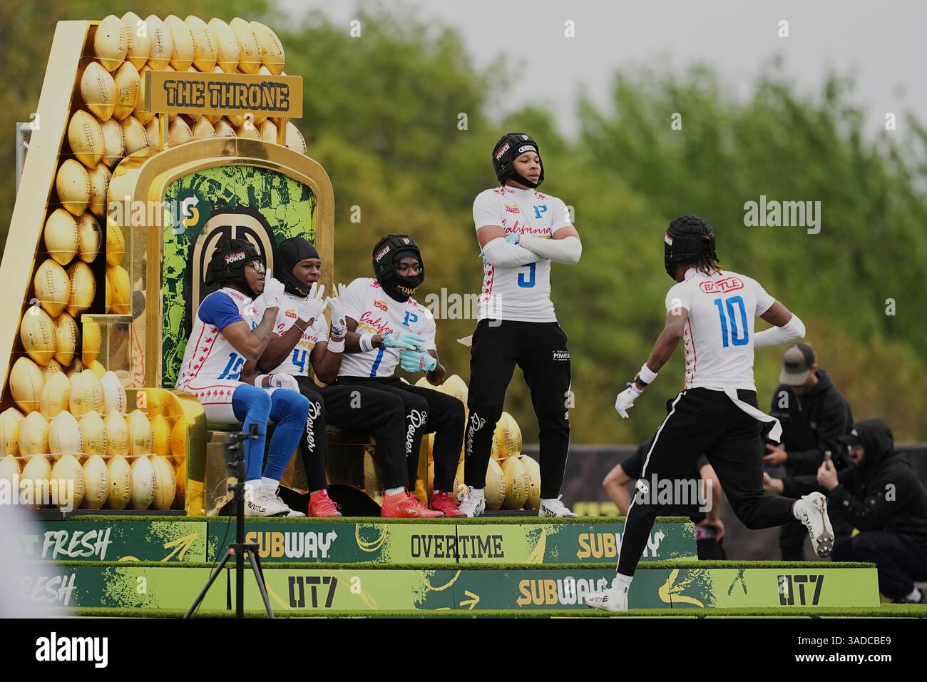 California Power players celebrate after an interception during an OT7 ...