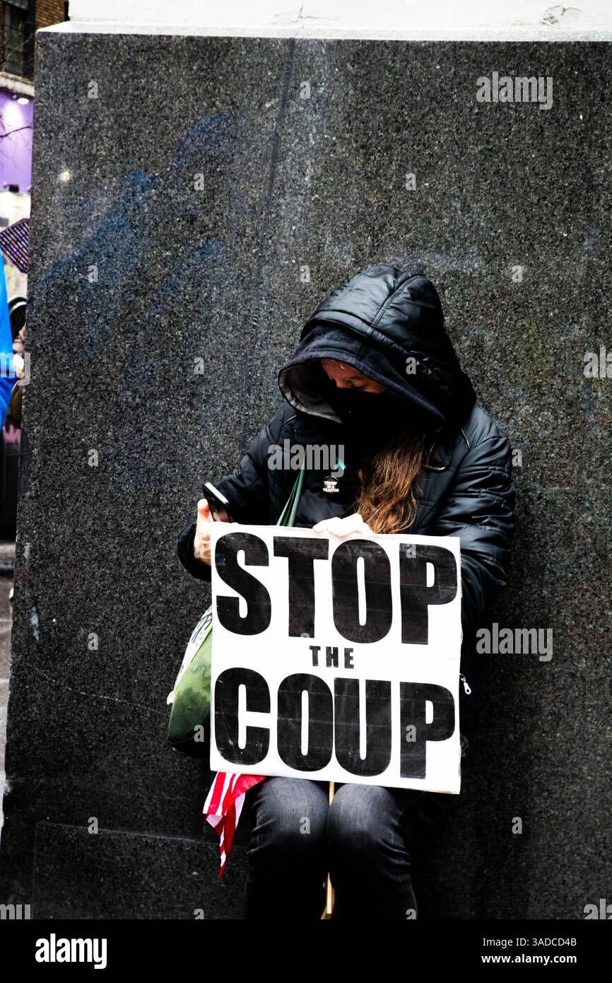 April 5, 2025, New York, New York, USA: A lone protestor at the nation ...