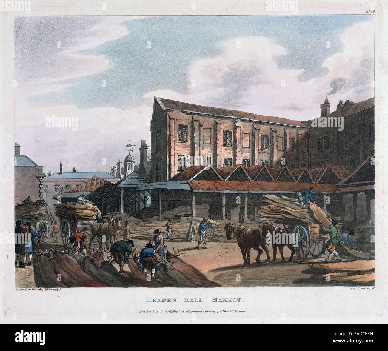 A Georgian era print hand coloured engraving of Leaden Hall Market ...