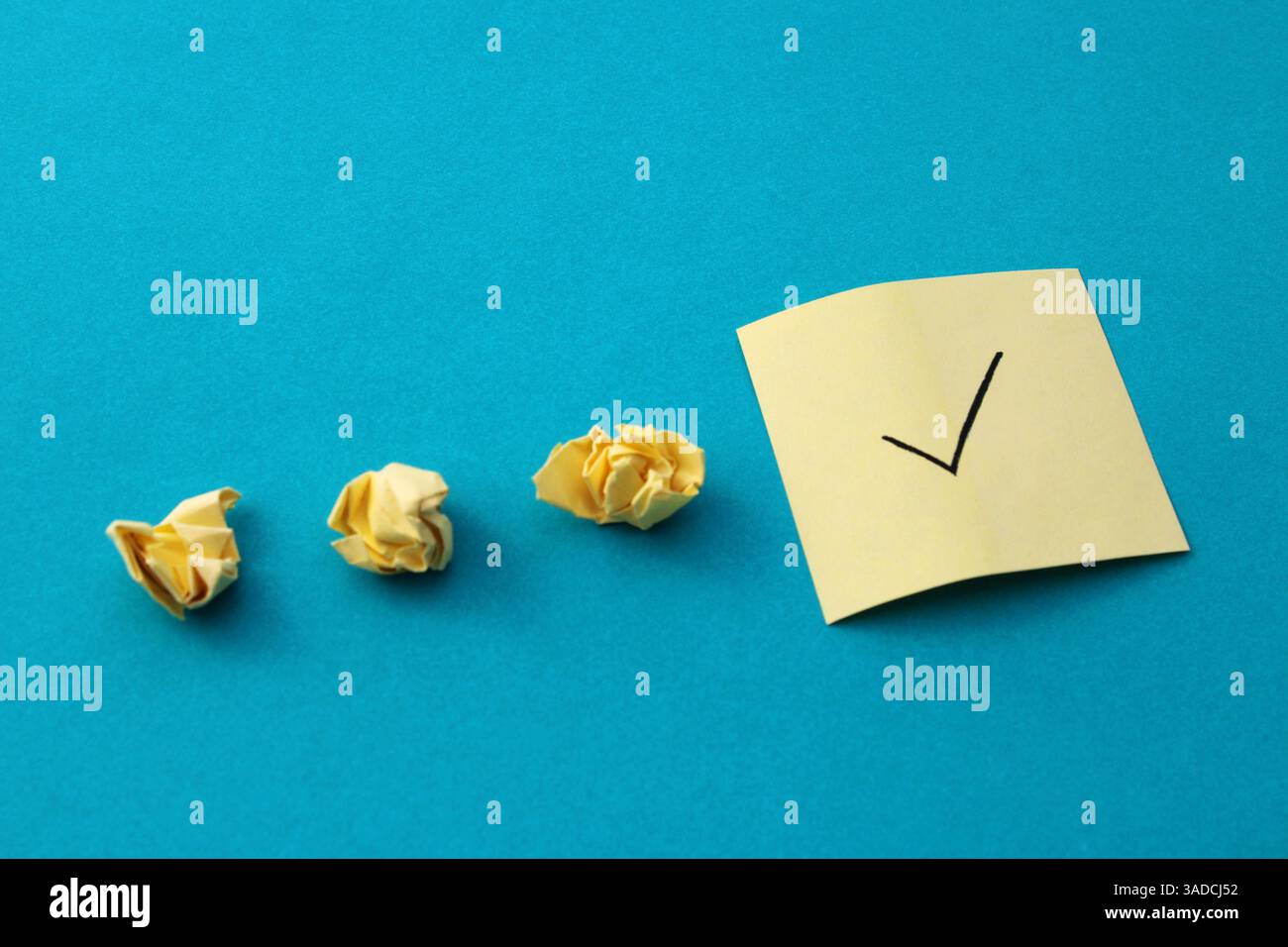 Sticky note with checkmark, three failed attempts until the solution is ...