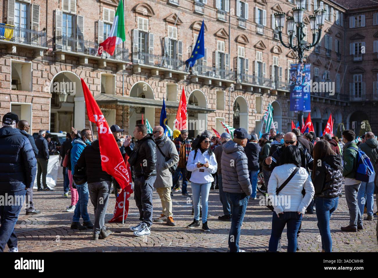 Turin, Italy - Nov 08 2021: A demonstration with numerous people ...