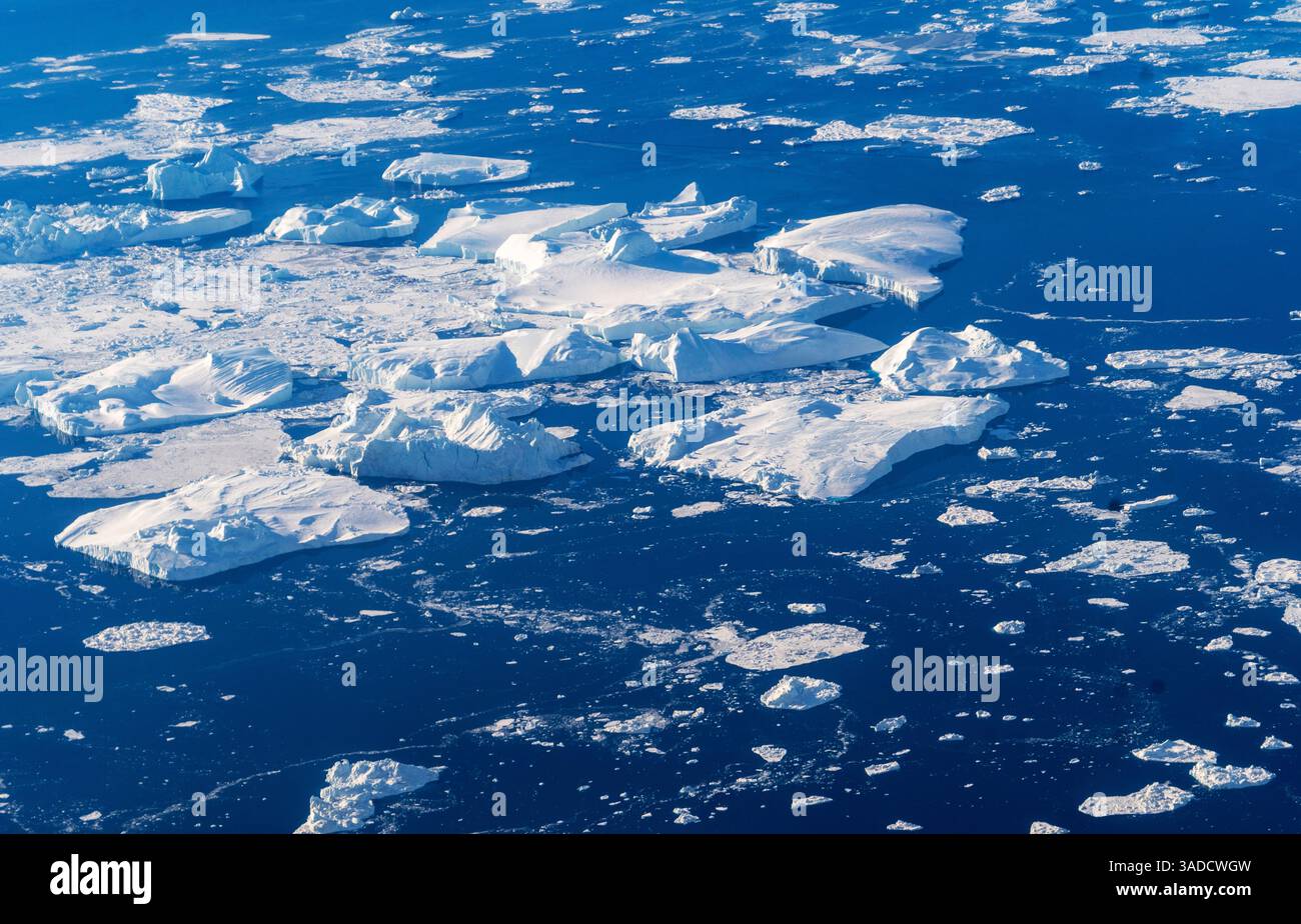 Aerial view of icebergs floating in deep blue ocean waters, showcasing ...