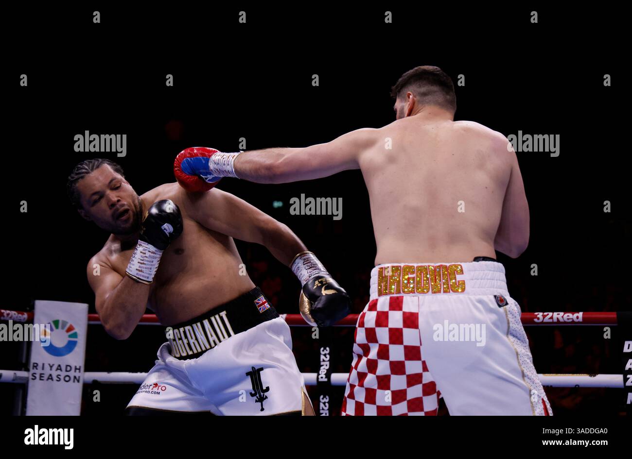 Joe Joyce (left) in action against Filip Hrgovic (right) at the Co-op ...