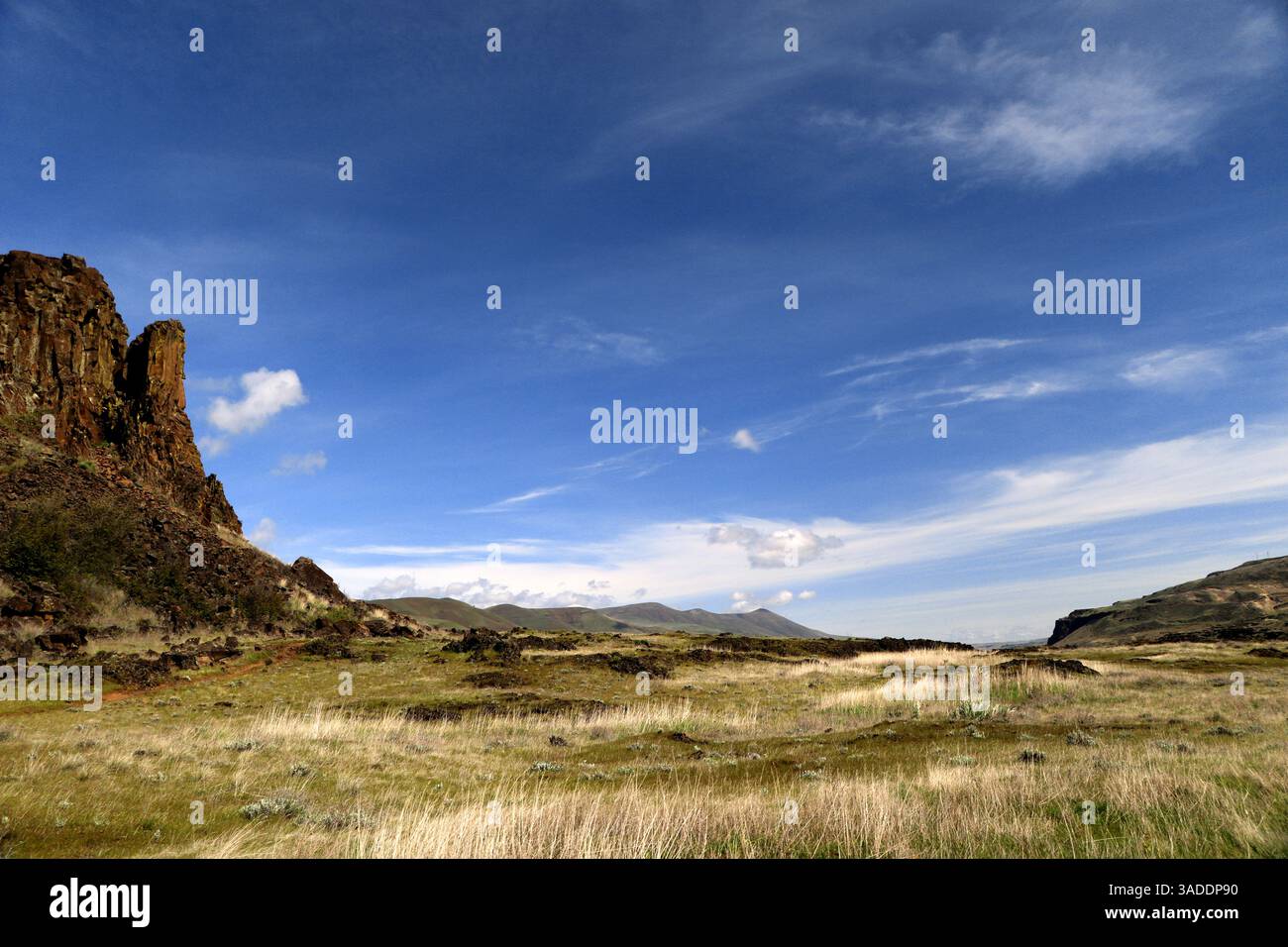 A grassy high desert landscape with a rocky butte and a blue sky. Taken ...