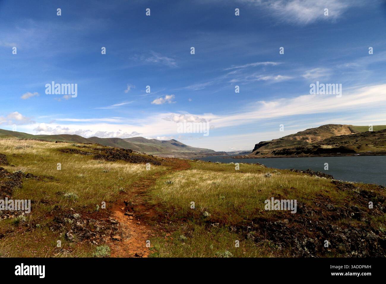 A path winding through a grassy high desert landscape with hills and ...