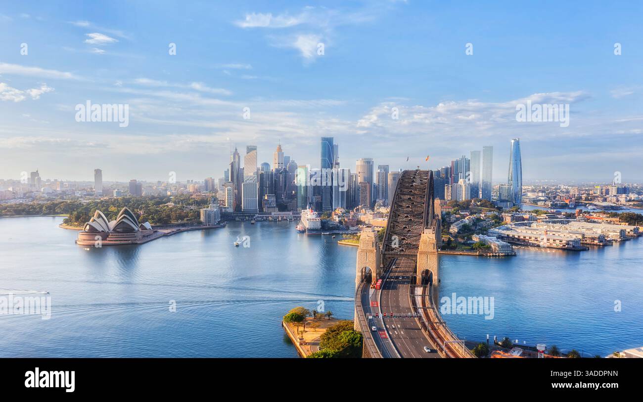 Entering the Sydney Harbour bridge from North Sydney in wide aerial ...