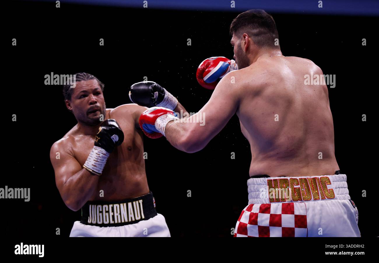 Joe Joyce (left) in action against Filip Hrgovic (right) at the Co-op ...