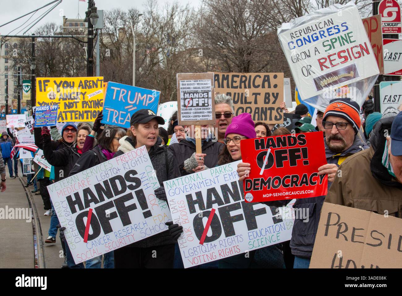 Detroit, Michigan, USA. 5th Apr, 2025. A 'Hands Off' demonstration ...