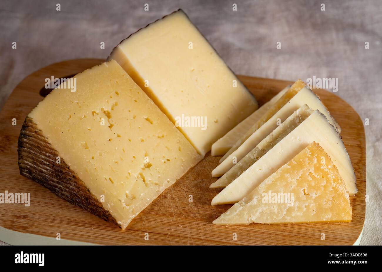 Assortment of Spanish hard cheeses, cow and sheep curado, manchego ...