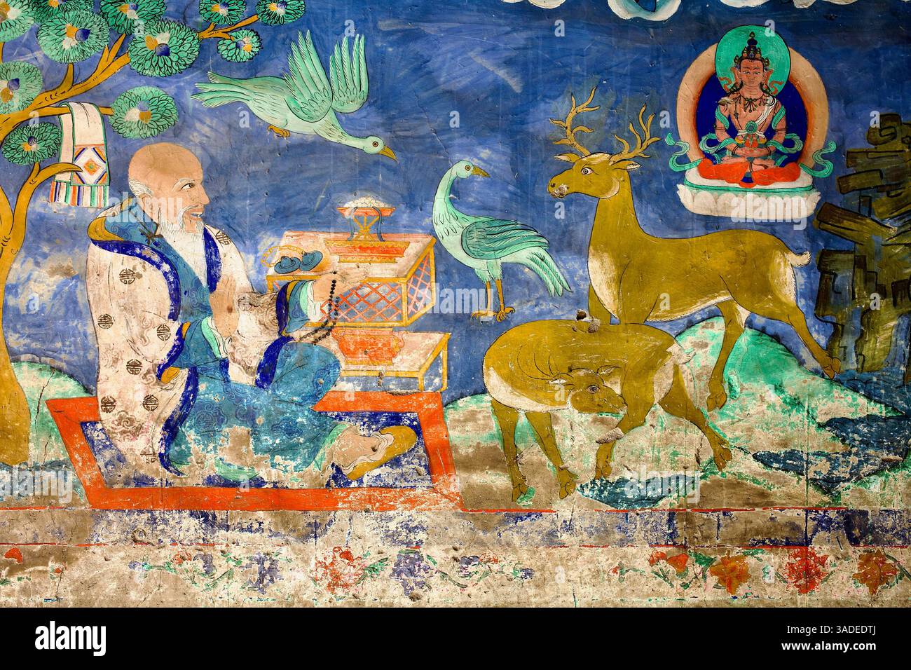 Bodhisattva watches over sage teaching animals in a mural from Thiksey ...