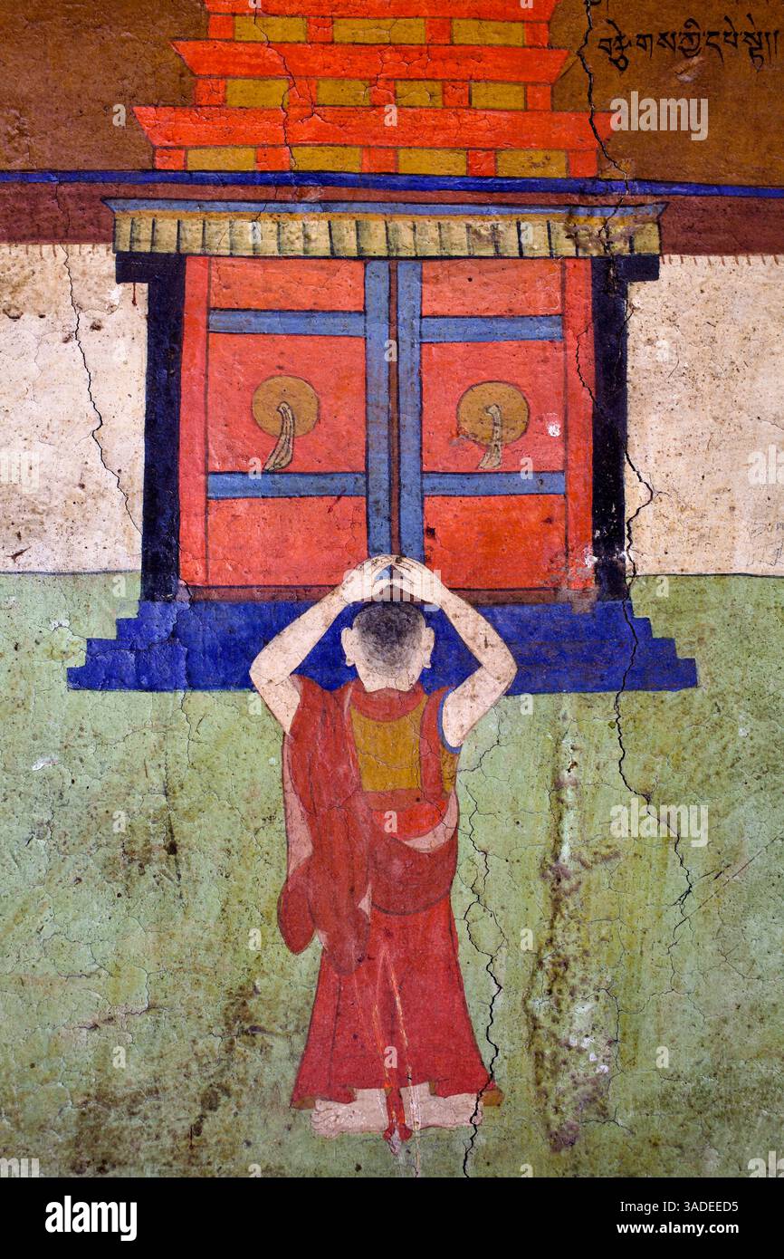 Mural of a monk performing prostration at temple gates with inscription ...
