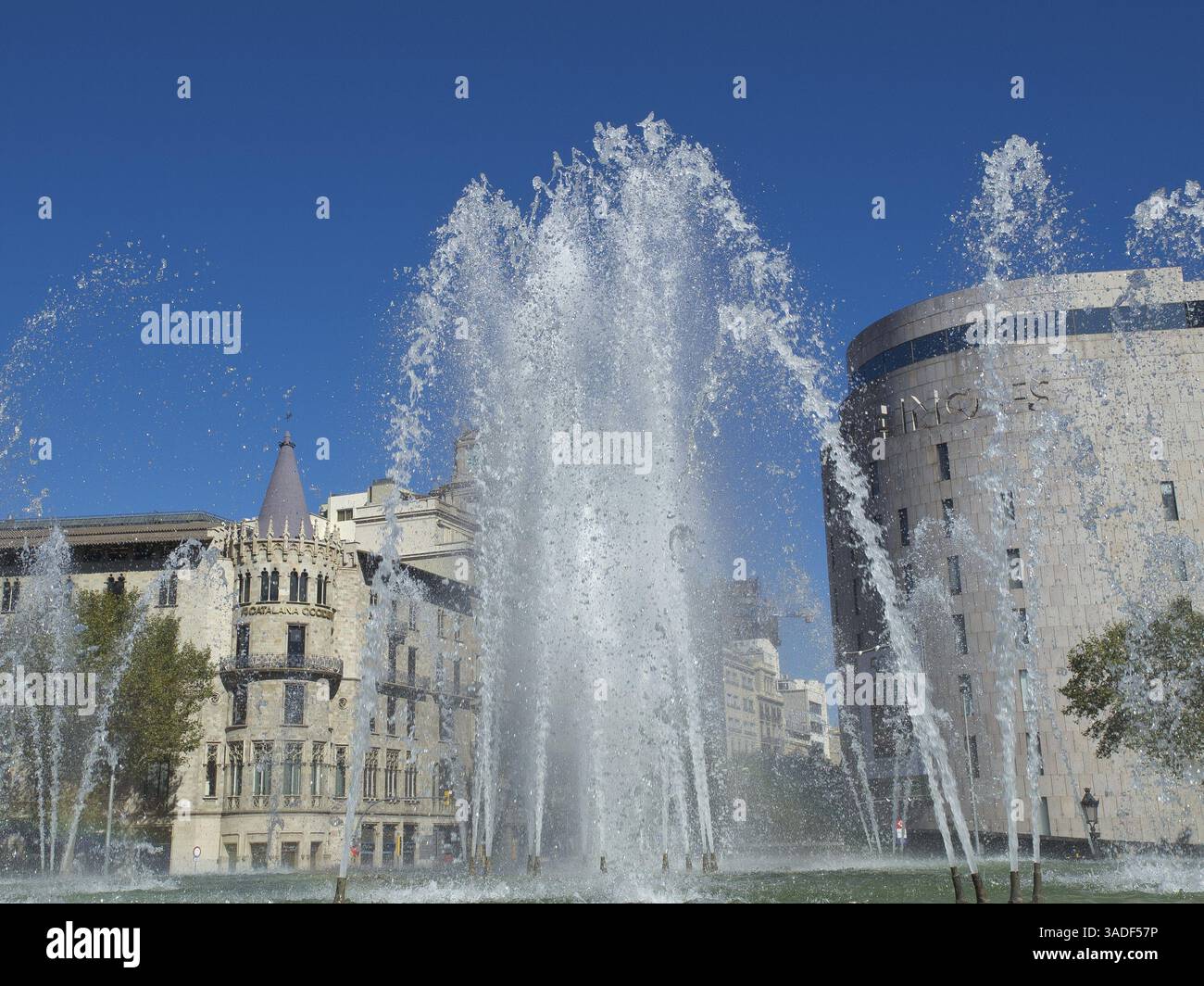 High water fountains spray in front of historic buildings against the ...