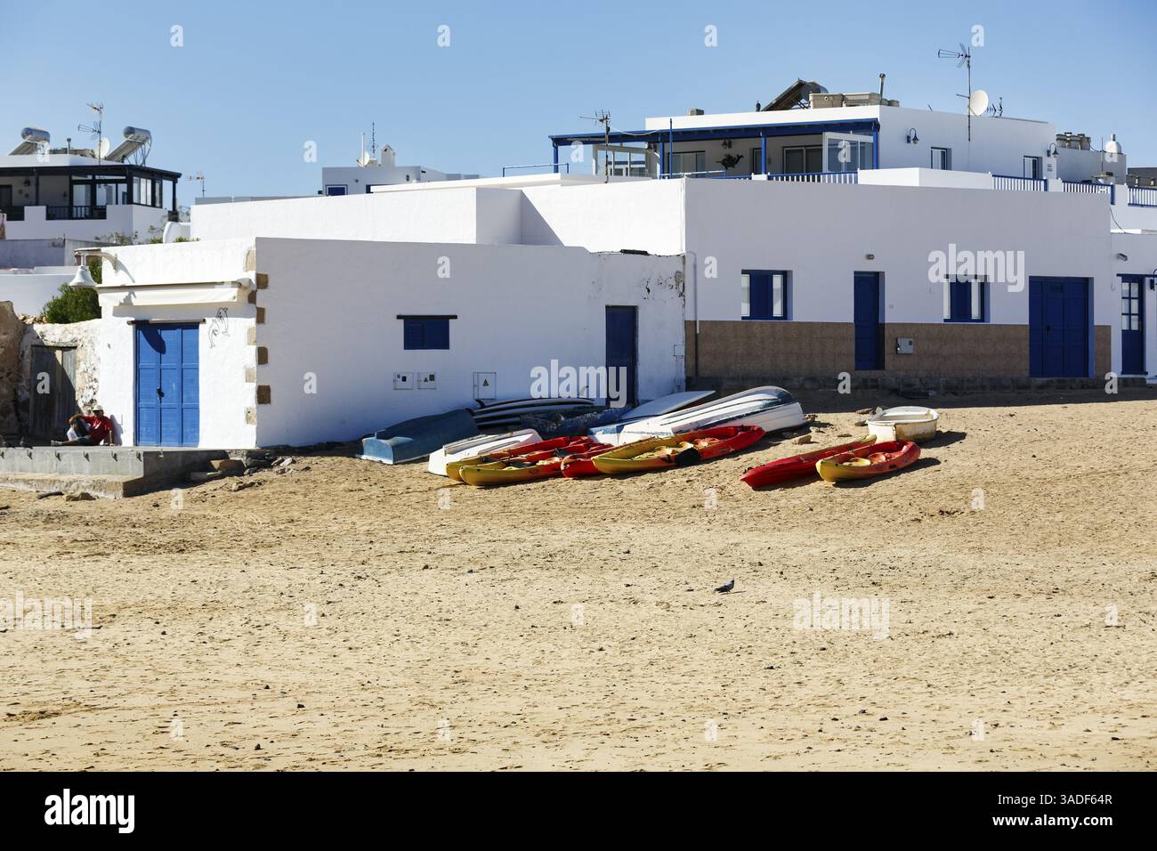 Boats on the beach, view of Caleta del Sebo, La Graciosa island ...