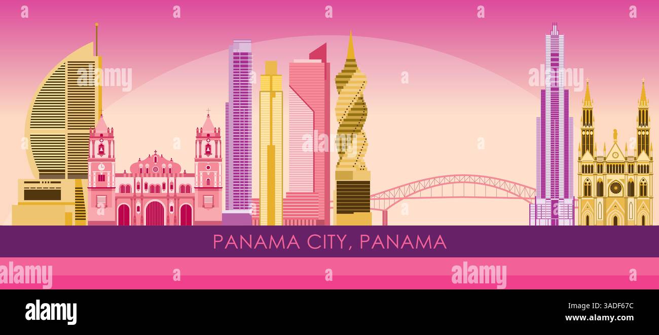 Sunset Skyline panorama of Panama city, Panama - vector illustration ...