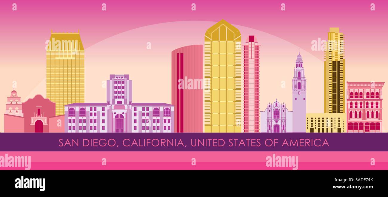 Sunset Skyline panorama of San Diego, California, United States ...