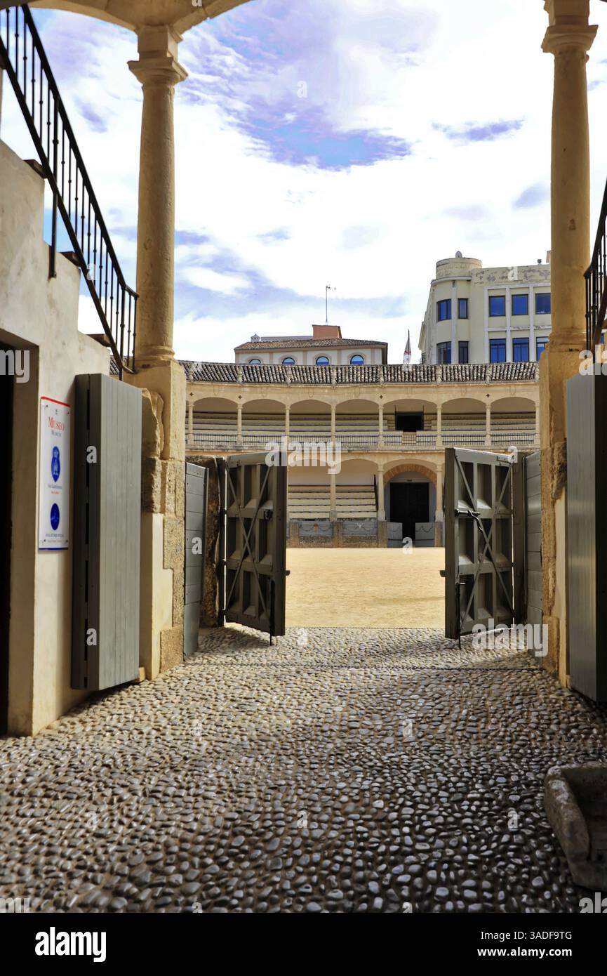Bullring of Ronda, Plaza de Tor toros, View through the open gate of an ...