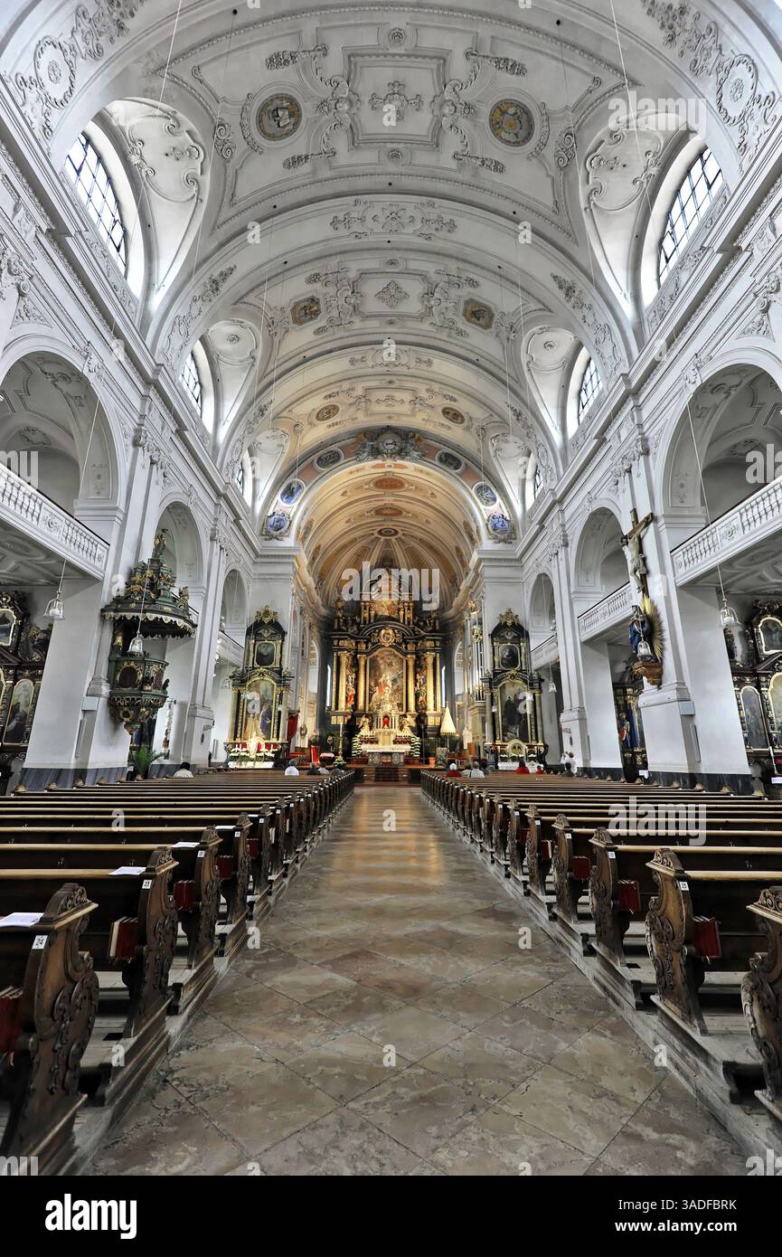 Interior view, nave, Basilica and pilgrimage church of St. Anna, Altoetting, Bavaria, Germany ...