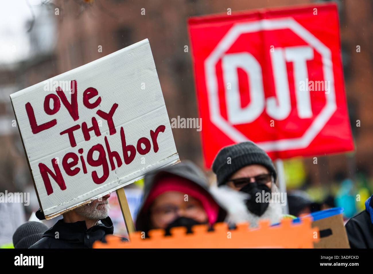Montpelier, Vermont, USA, 5 April, 2025. Demonstrators at a 50501 Trump ...