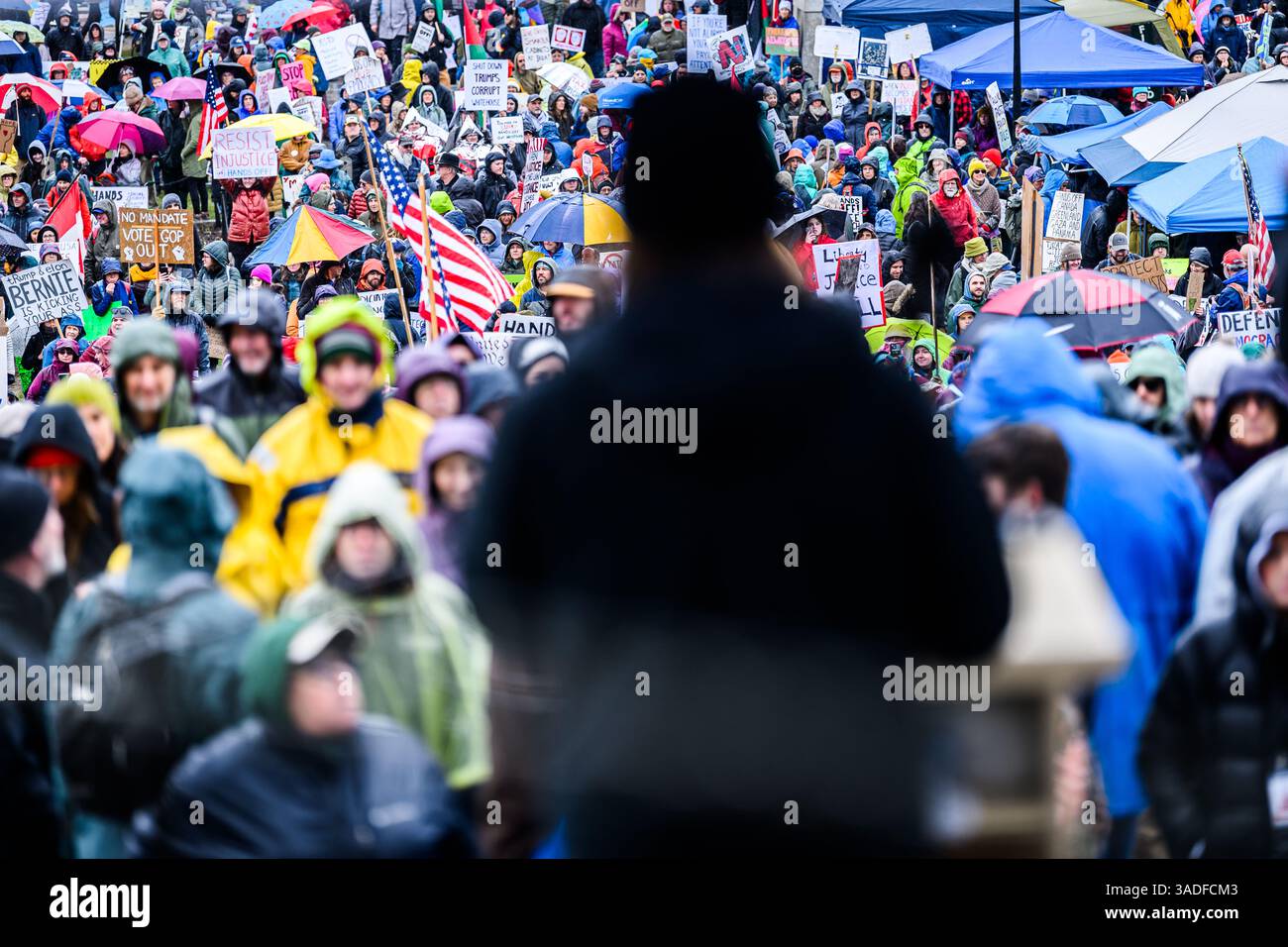 Montpelier, Vermont, USA, 5 April, 2025. Demonstrators at a 50501 Trump ...