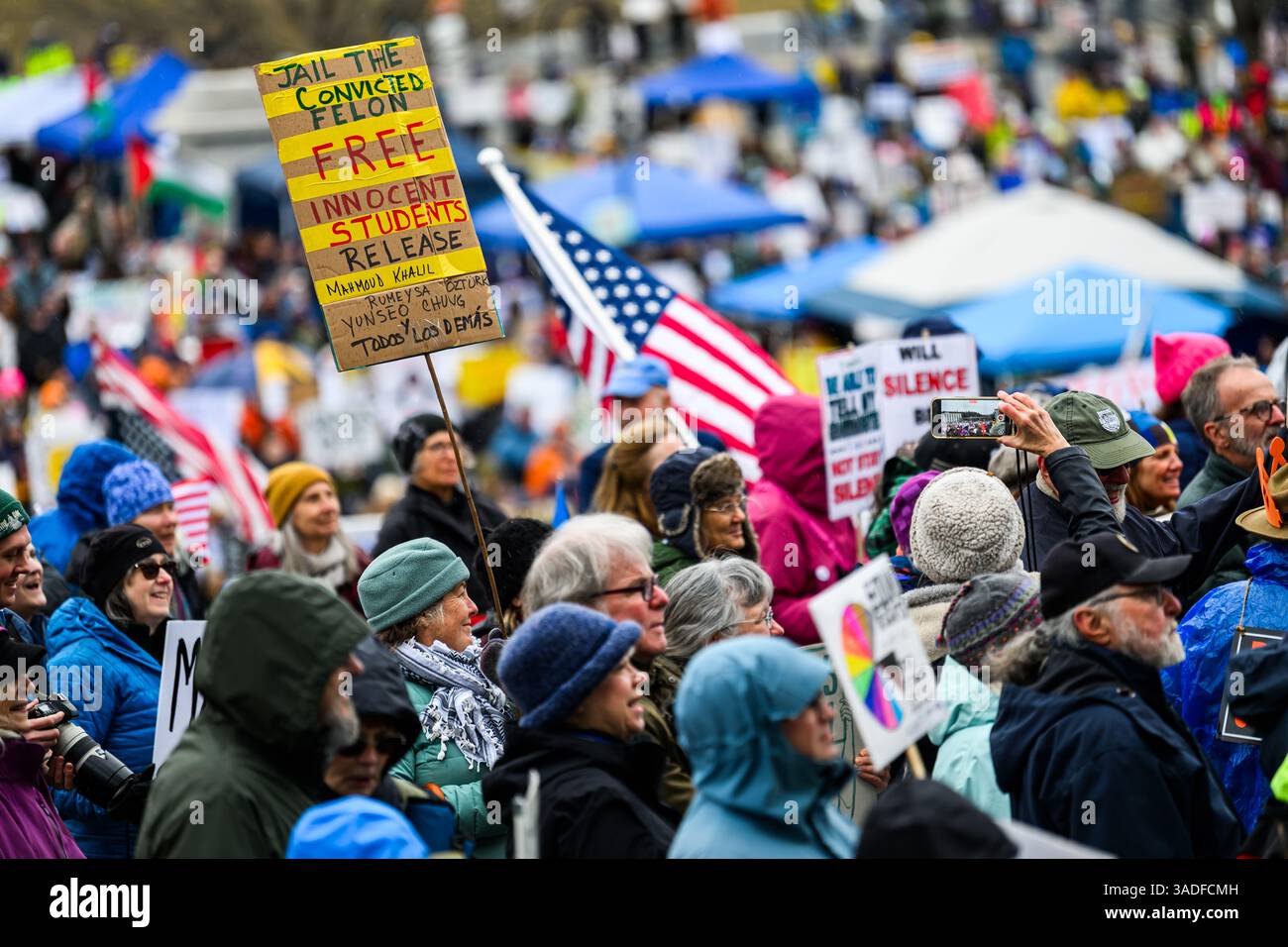 Montpelier, Vermont, USA, 5 April, 2025. Demonstrators at a 50501 Trump ...