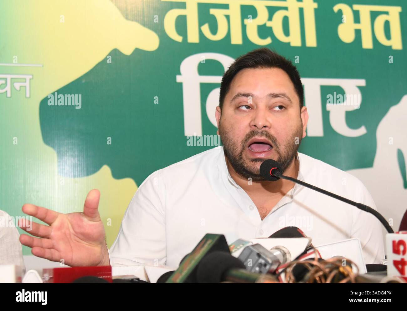 PATNA, INDIA - APRIL 5: Leader of Opposition and RJD leader Tejashwi Yadav addressing a press ...