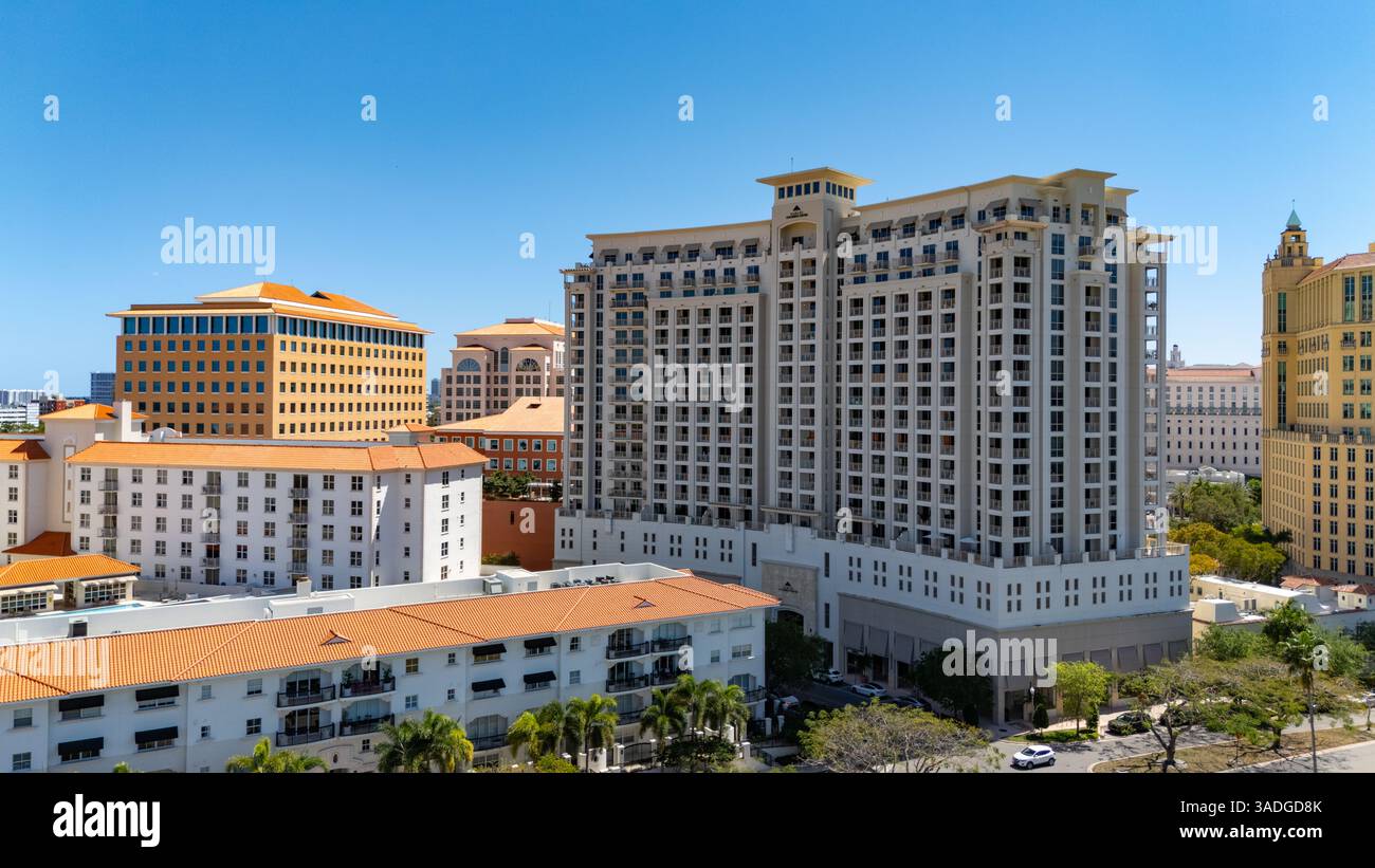 Modern Mediterranean-style buildings line downtown Coral Gables ...
